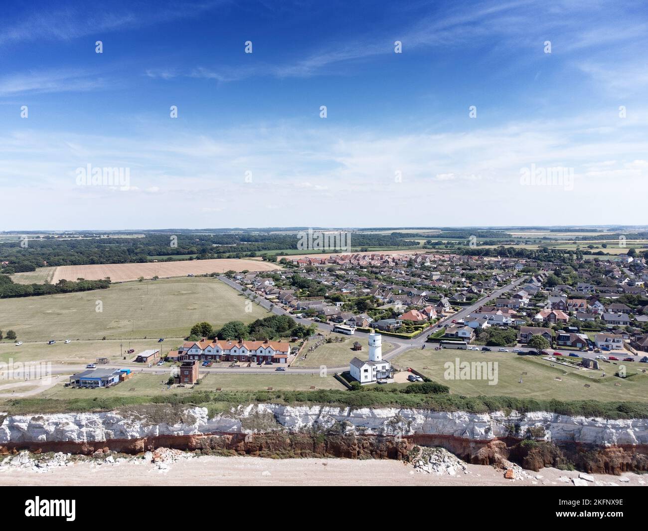 aerial view above the sea looking at the sea side town of Hunstanton in ...