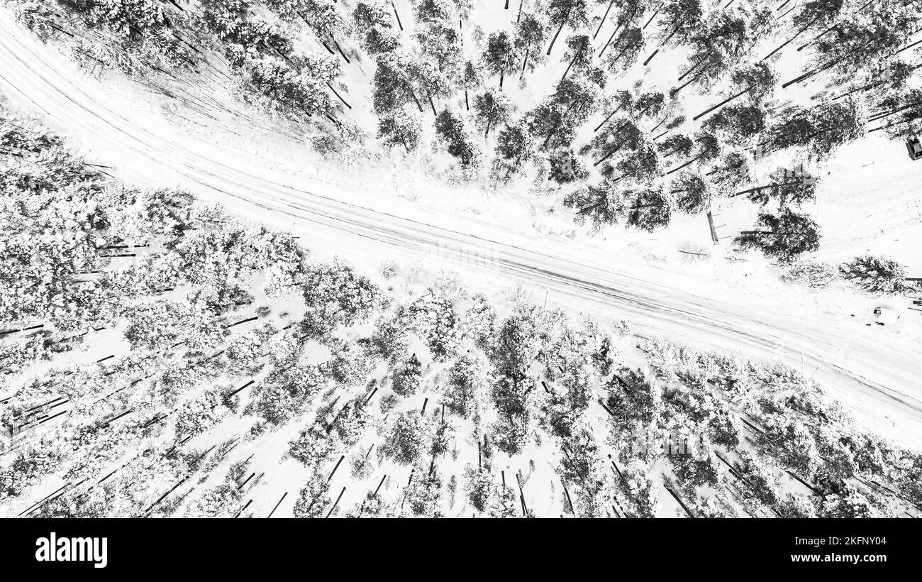 Aerial view winter landscape covered Black and White Stock Photos ...