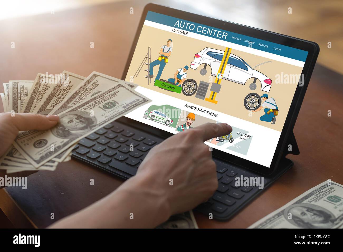 Service staff use laptop check spare parts in stock online in service ...