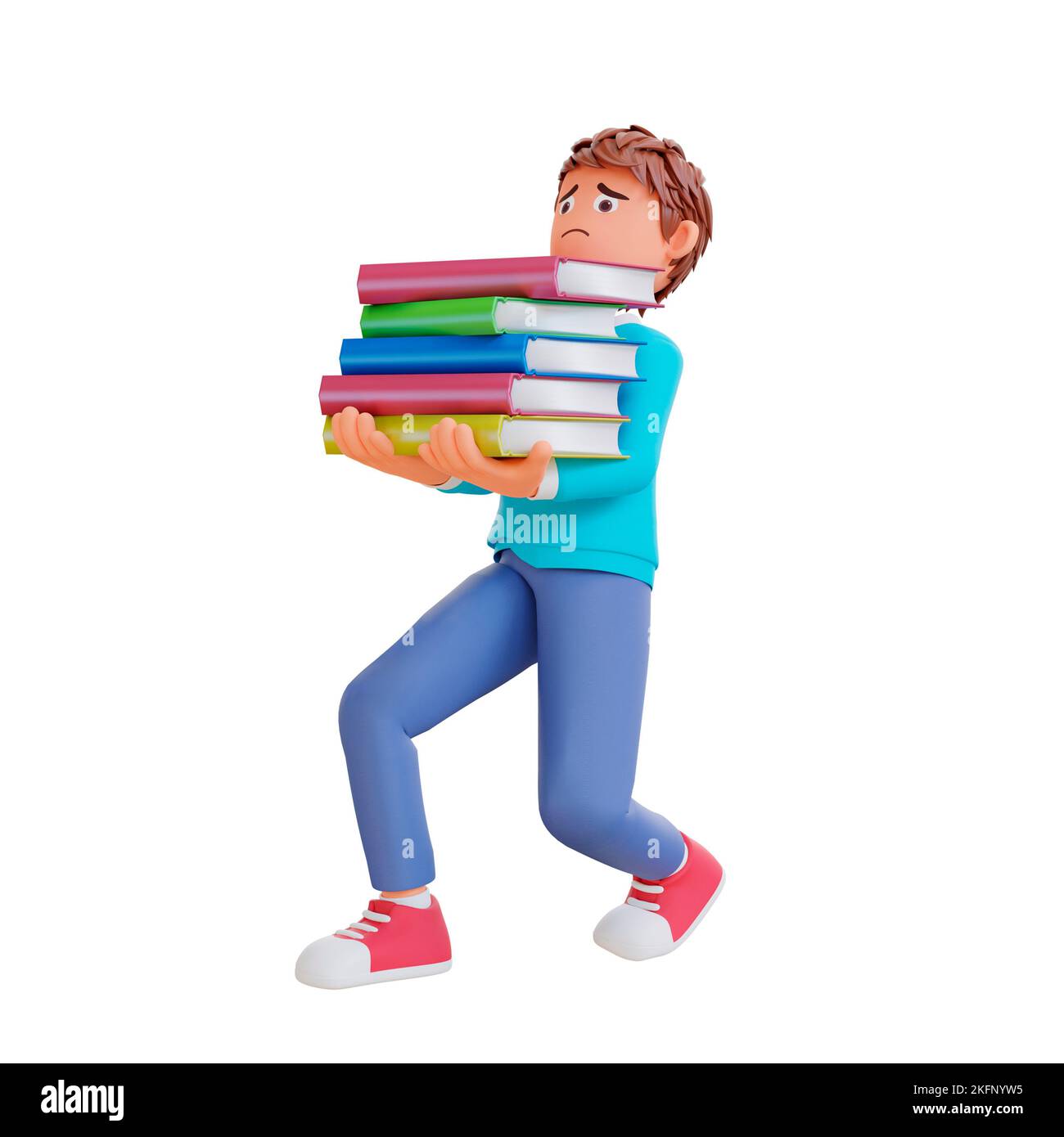 A 3D-rendered cartoon boy carrying many books on a white background ...