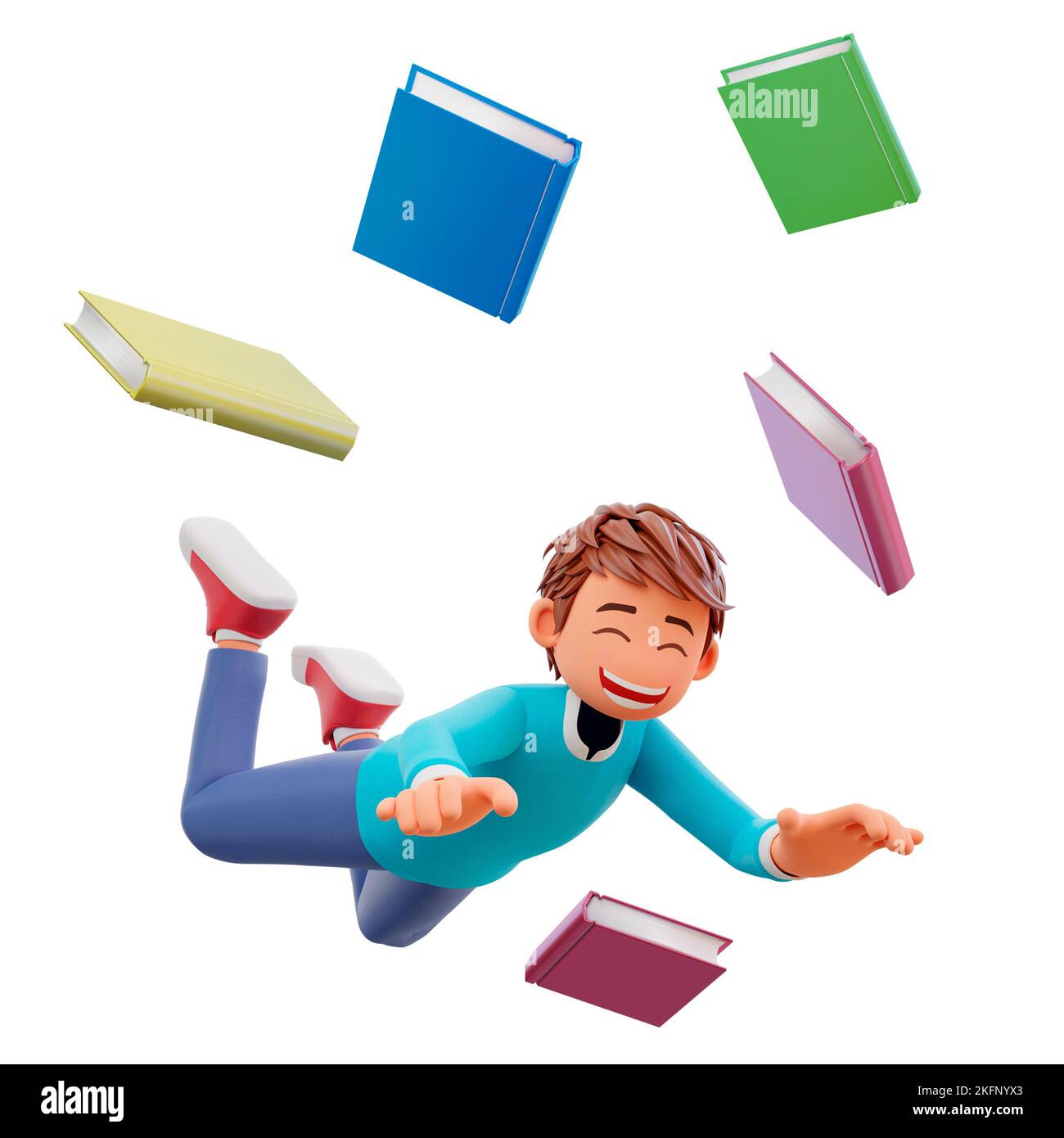 A 3D-rendered cartoon boy floating with many books on a white ...