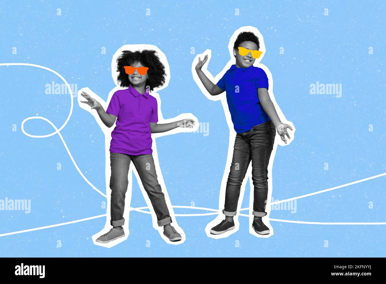 Creative drawing collage picture of dancing kids boys have fun ...