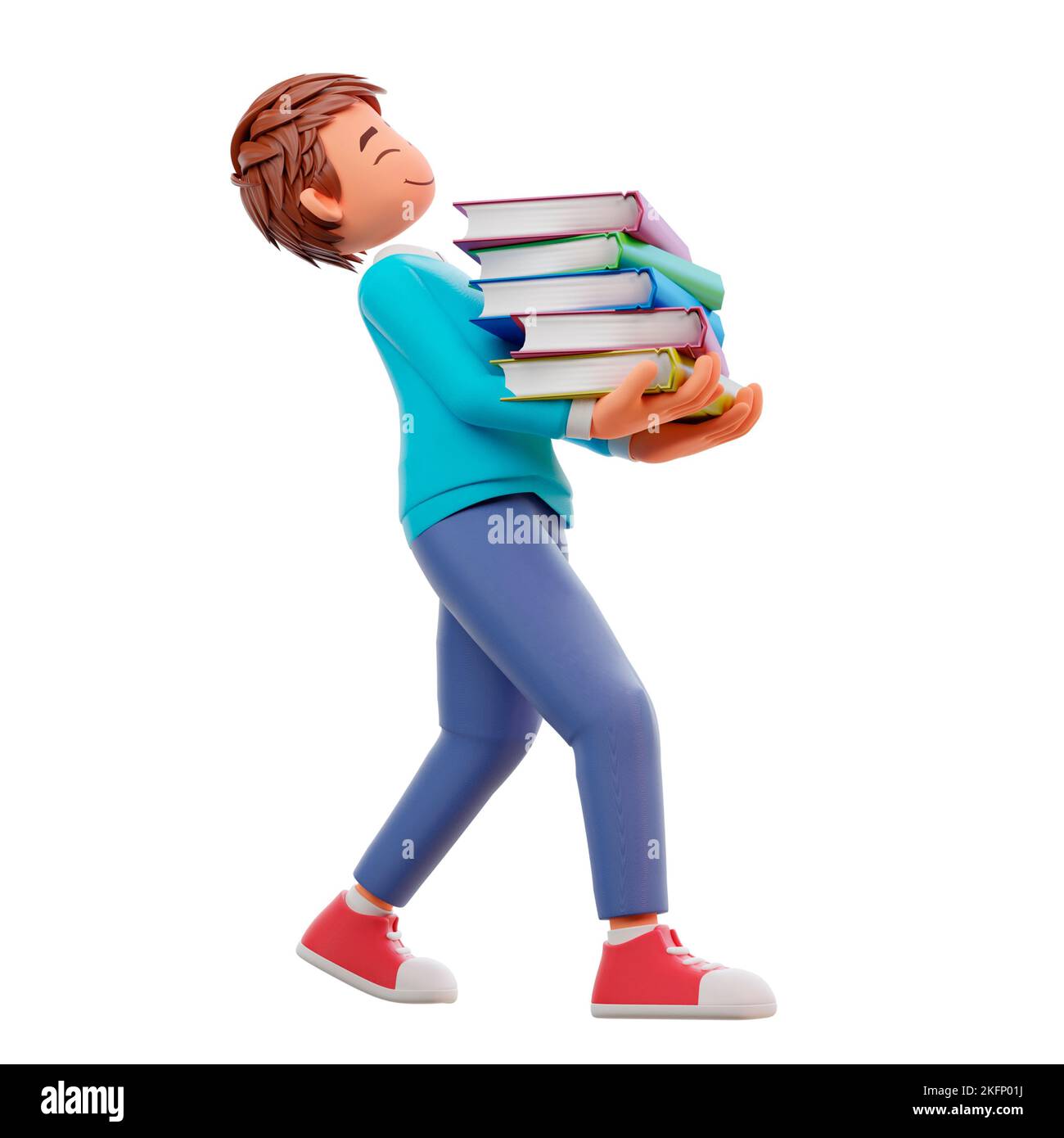 A 3D-rendered cartoon boy carrying many books on a white background ...