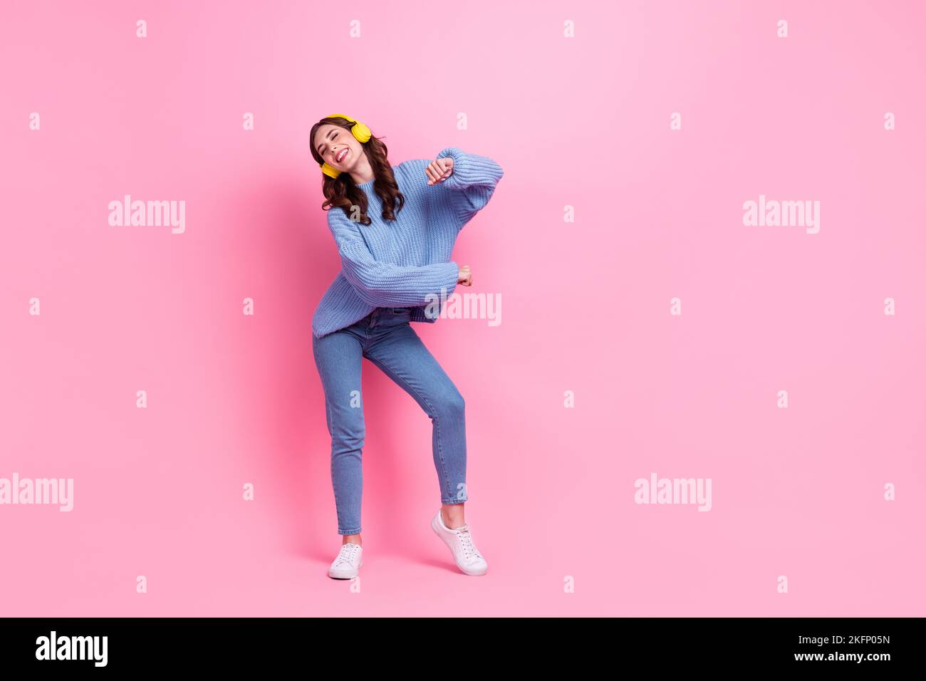 Full size photo of excited cheerful girl enjoy new single dancing have ...