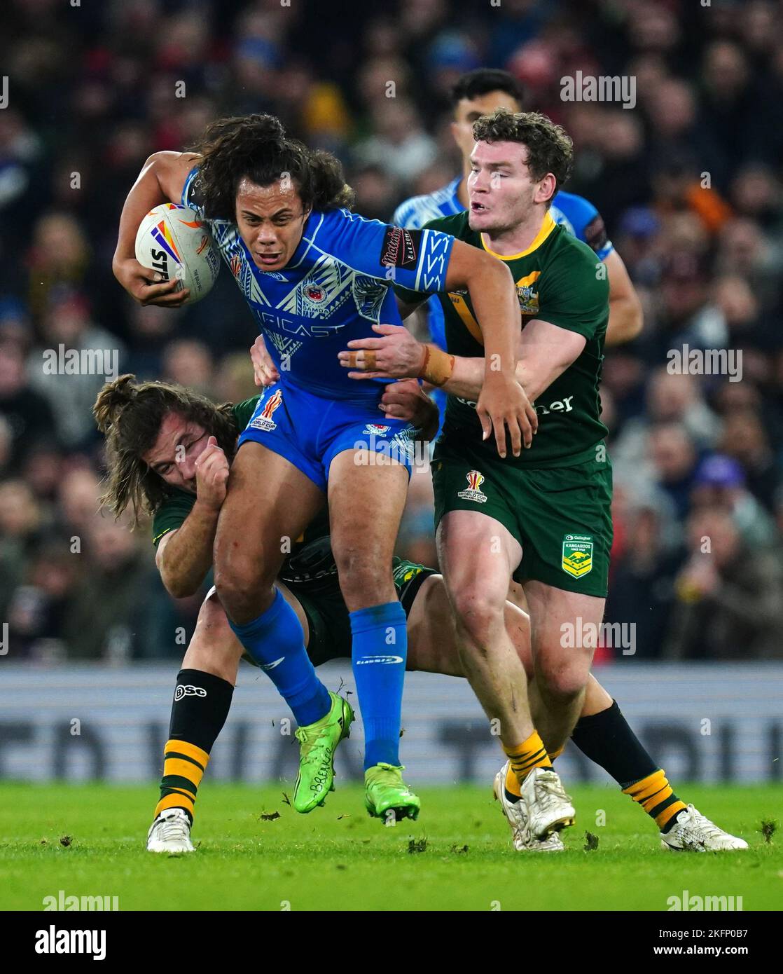 Samoa's Jarome Luai tackled by Australia's Patrick Carrigan and Liam ...