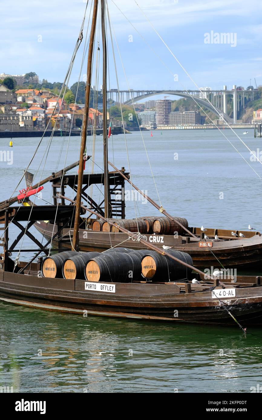 Porto Portugal - traditional rabelo boat with port wine barrels on the ...