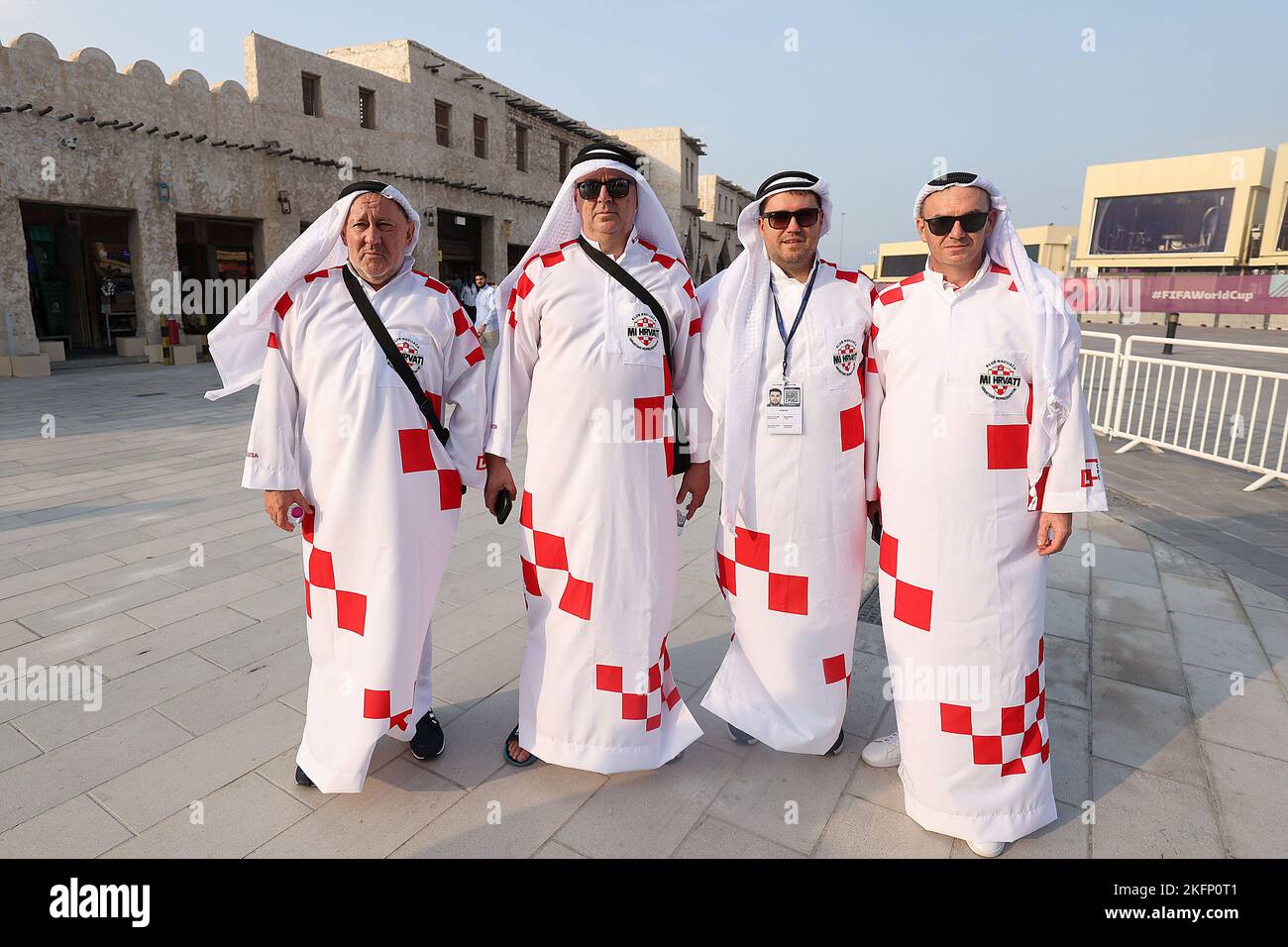 Doha, Qatar on November 19, 2022. Croatian fans in traditional Qatari ...