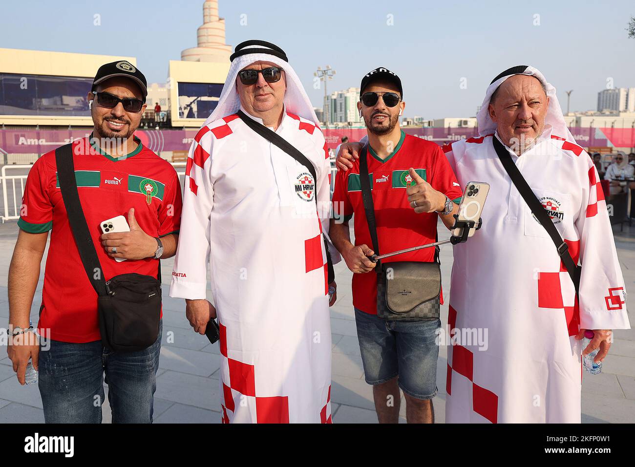 Doha, Qatar on November 19, 2022. Croatian fans in traditional Qatari ...