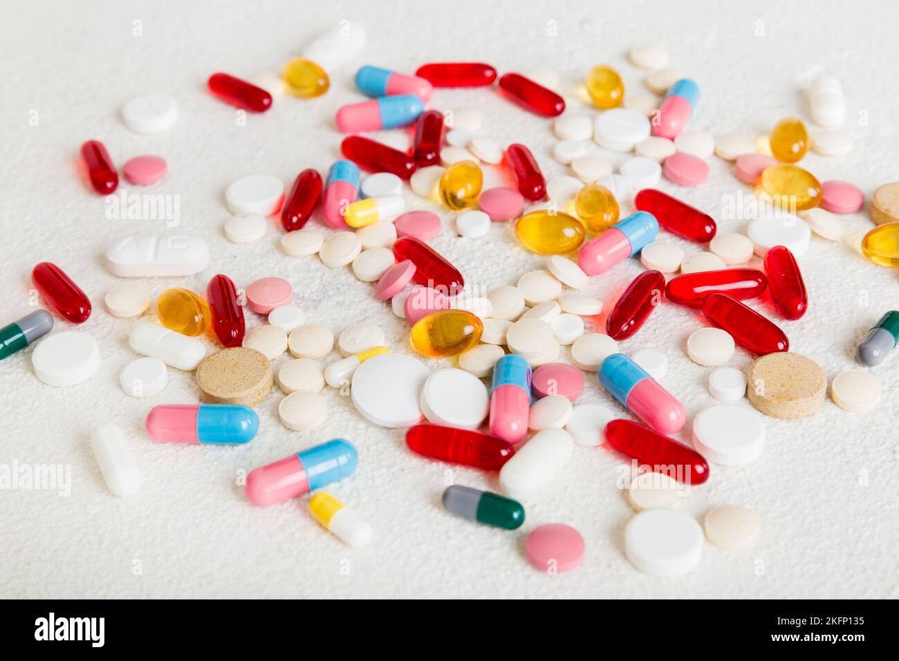 Many different colorful medication and pills perspective view. Set of ...