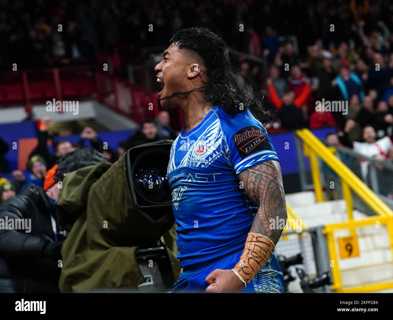 Samoa's Brian To'o celebrates scoring their side's first try of the ...