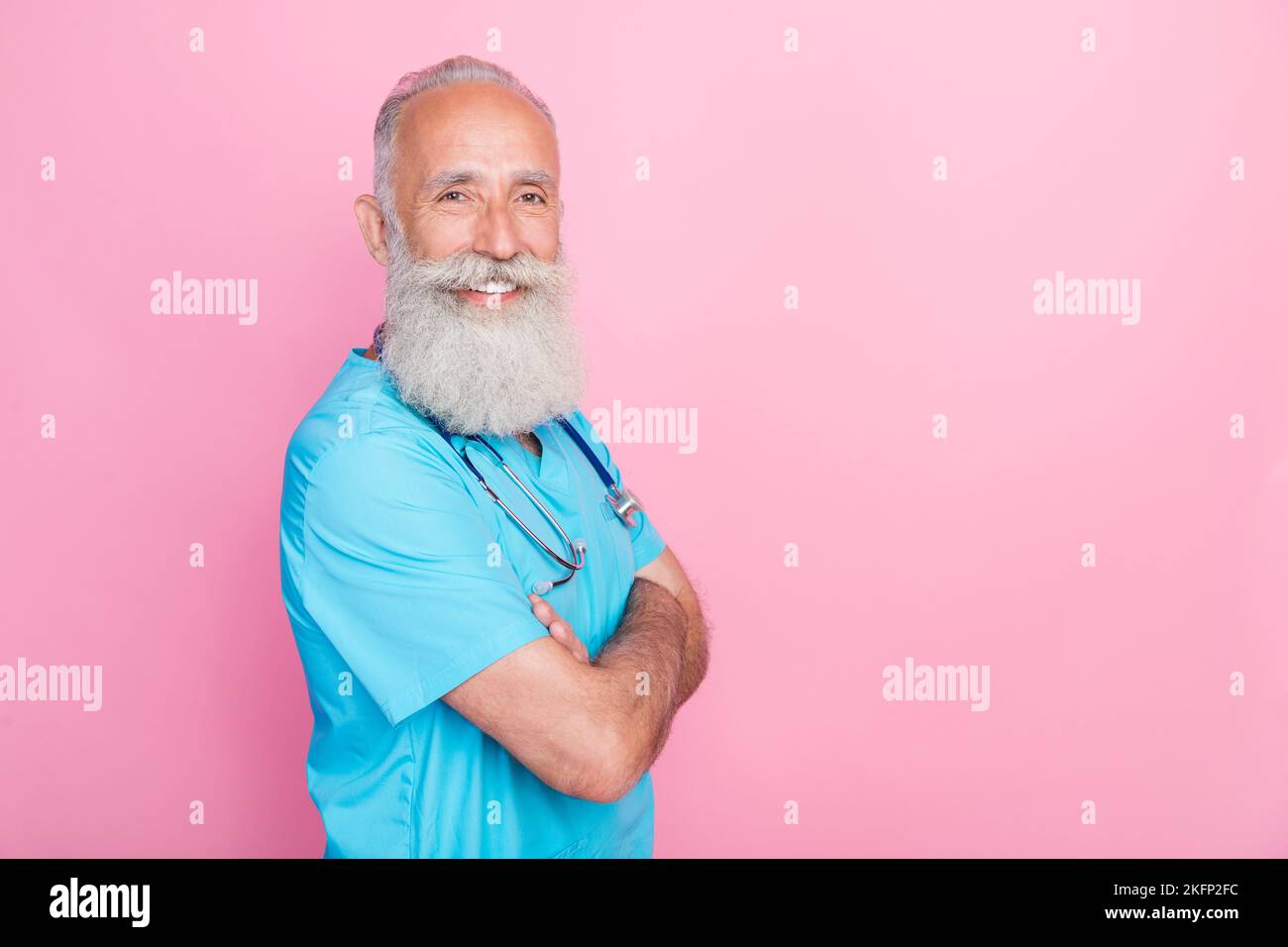 Profile side photo of professional doc crossing arms standing on empty ...