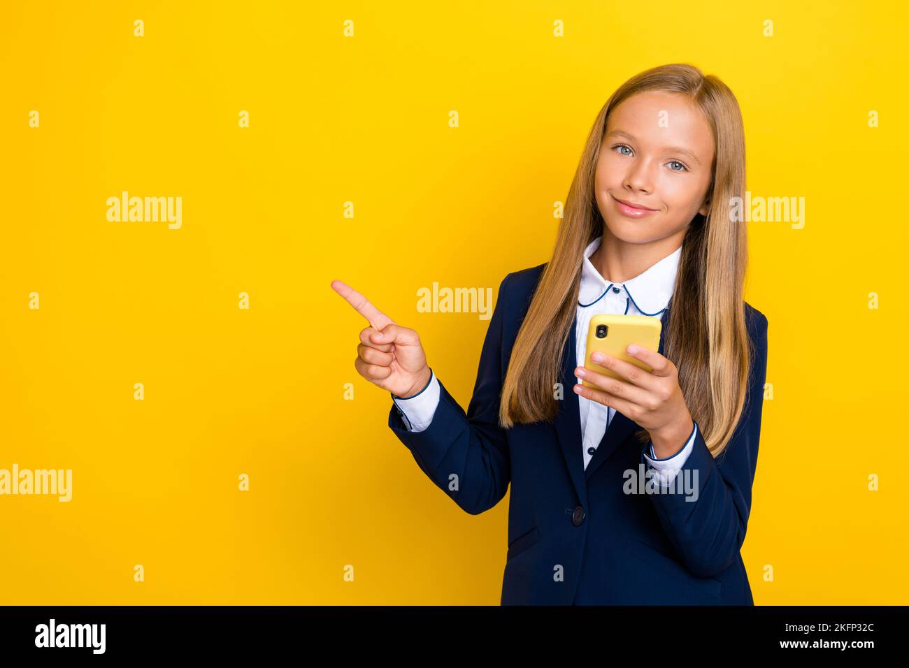 Photo of pretty cute nice girl user arm direct demonstrate cool offer ...