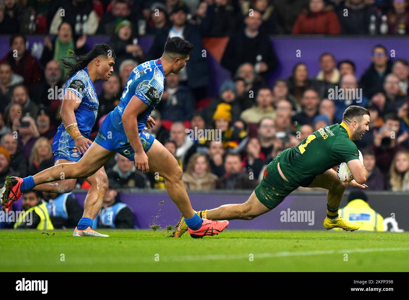 Australia's James Tedesco scores their side's fourth goal of the gam ...