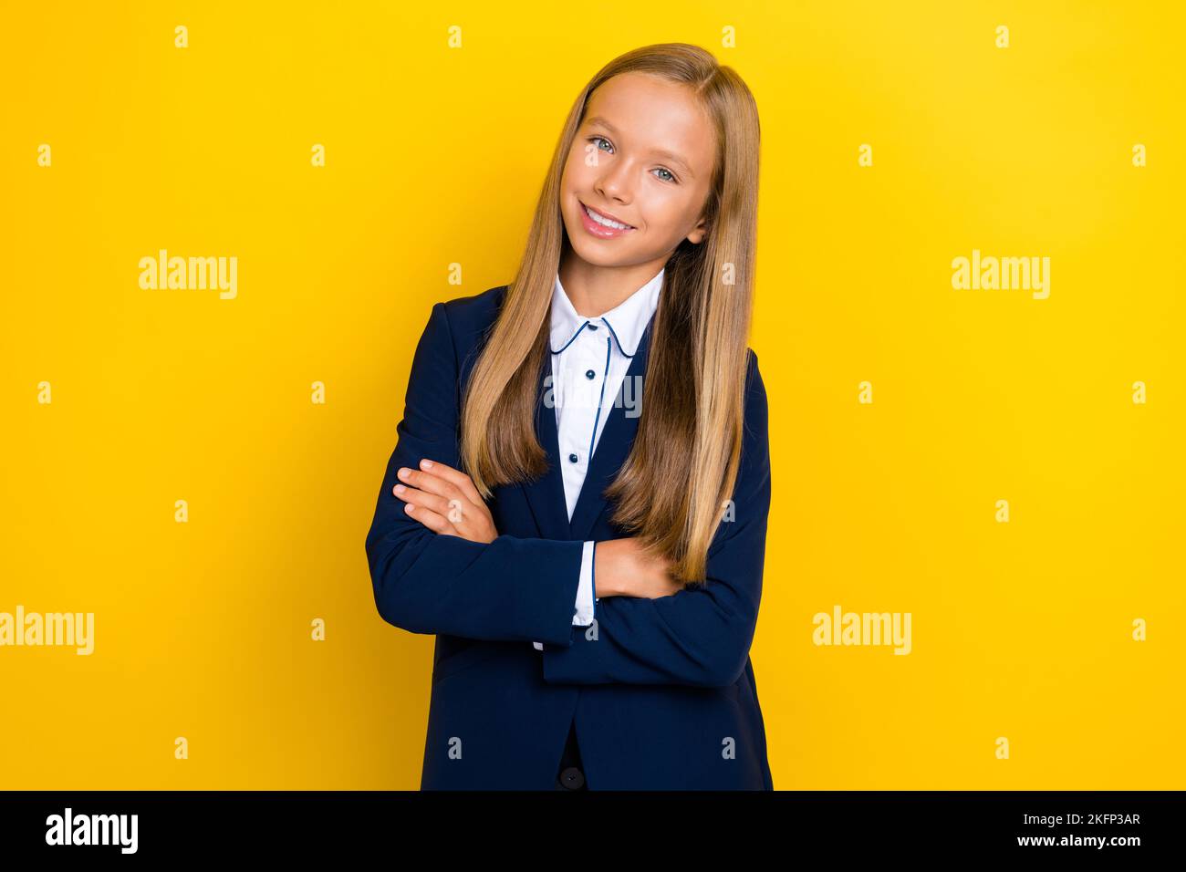 Photo of pretty cute positive girl classmate arm folded dressed trendy ...