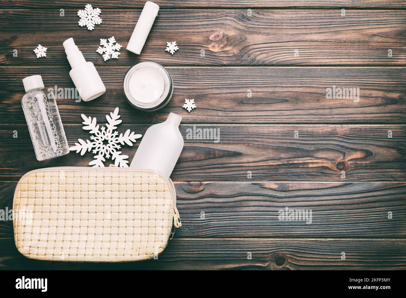 Christmas flat lay with makeup cosmetic products in cosmetic bag on ...