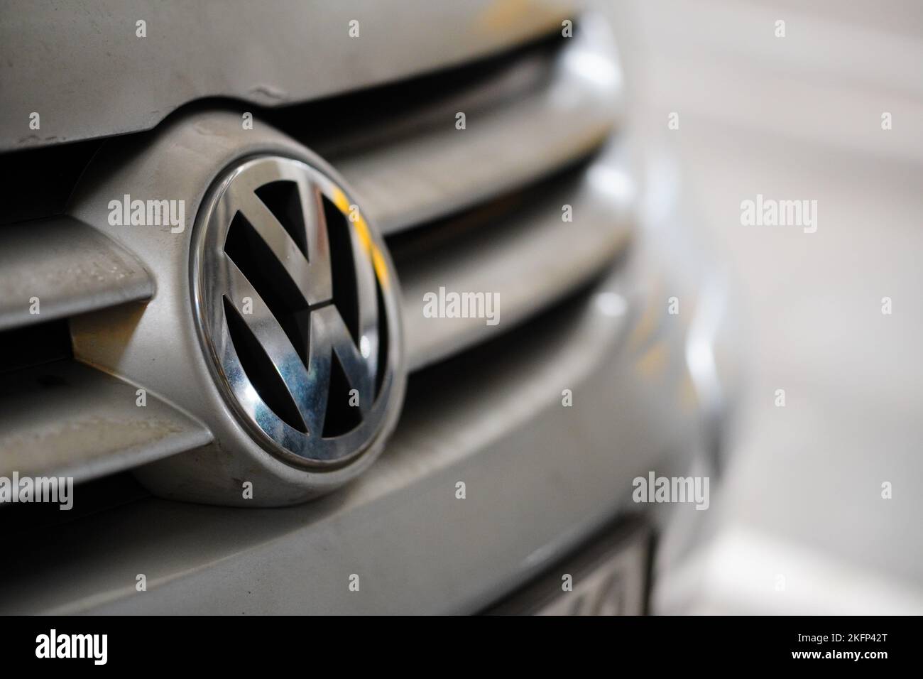 A front logo of a parked silver colored Volkswagen Golf Plus 2006 in a ...