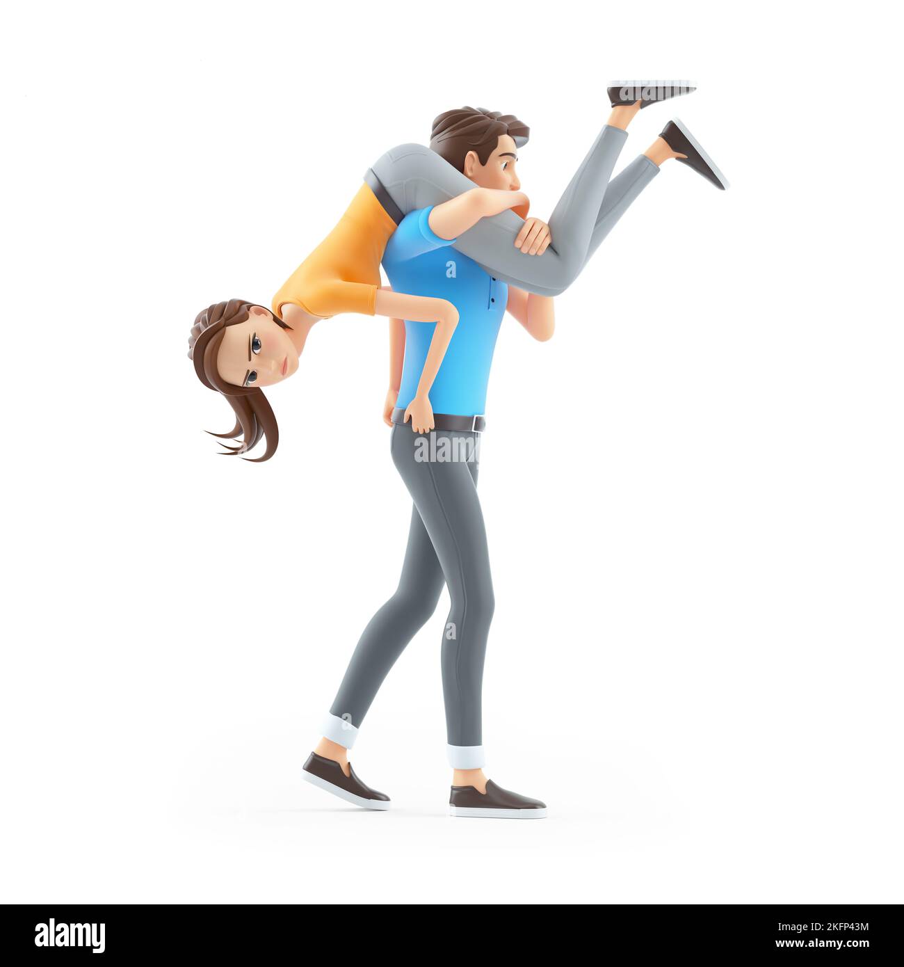 3d man carrying angry woman on his shoulder, illustration isolated on ...