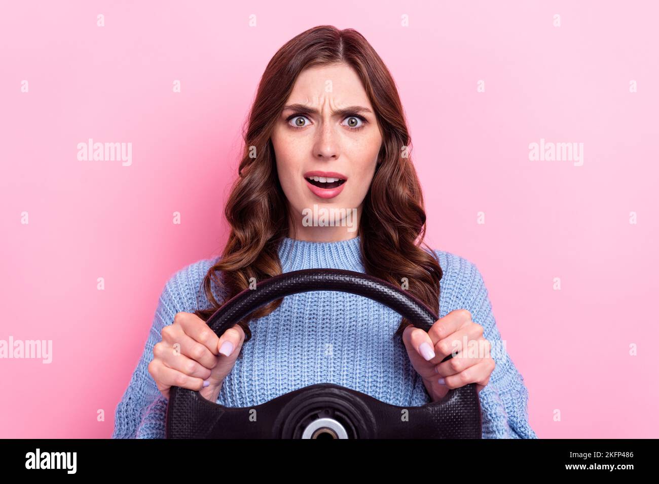 Photo of impressed speechless person arms hold wheel stare cant believe ...