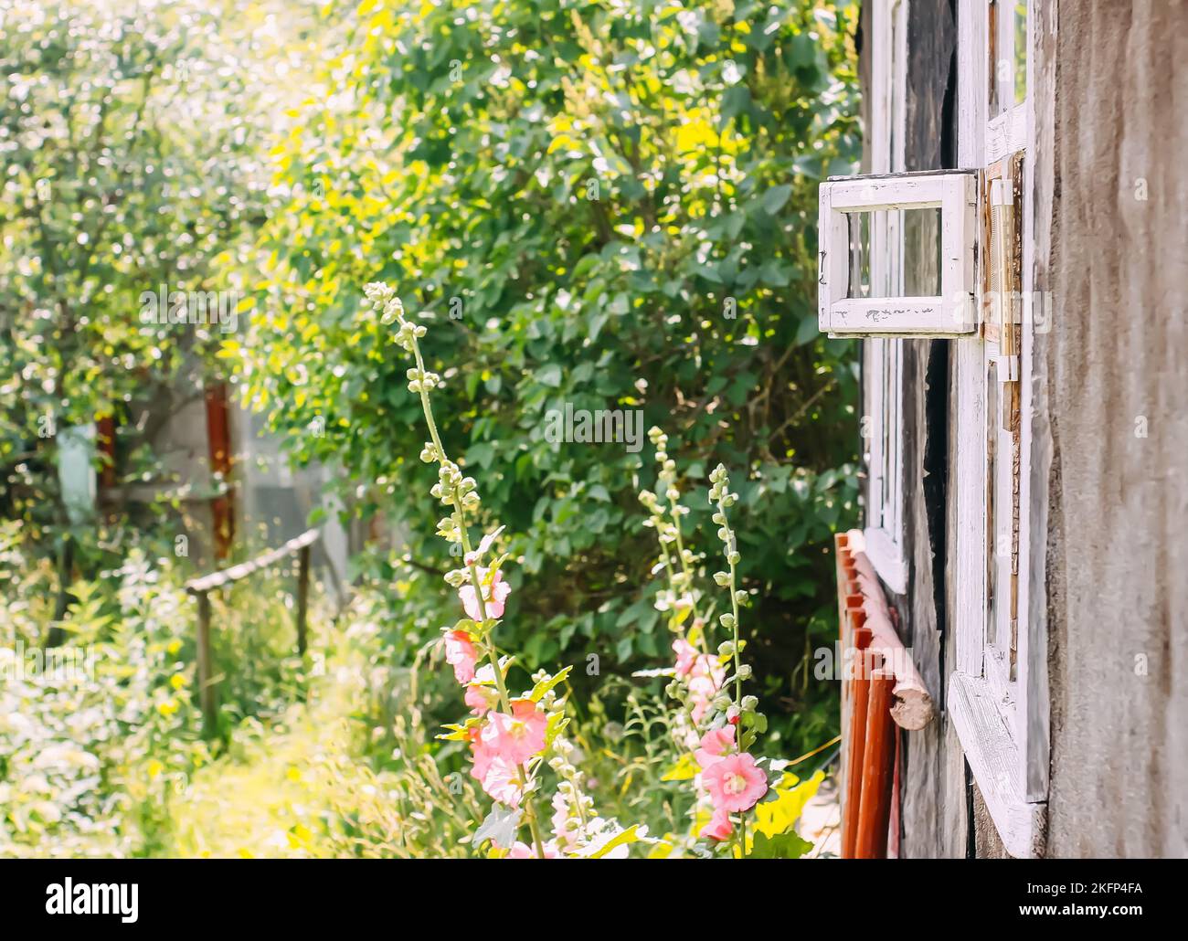 Exterior of the old wooden rural house. Sash window Stock Photo - Alamy