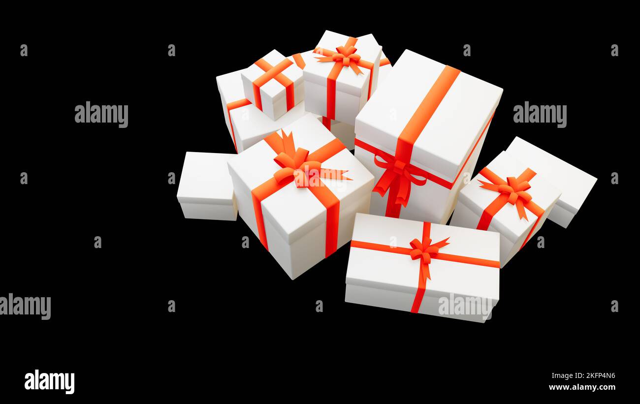 colorful holiday many present boxes on black backdrop, isolated ...