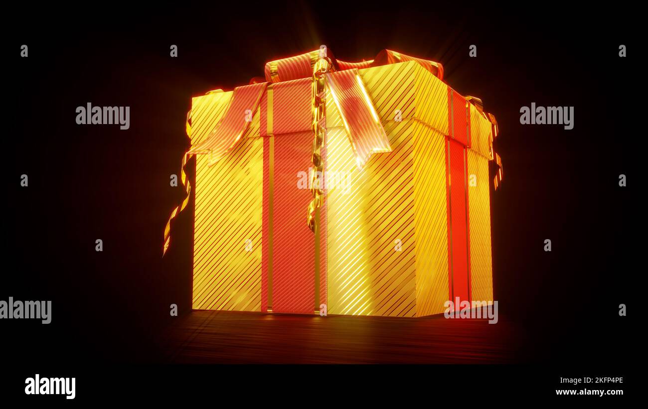 glowing beautified golden and red surprise gift box on black, isolated ...