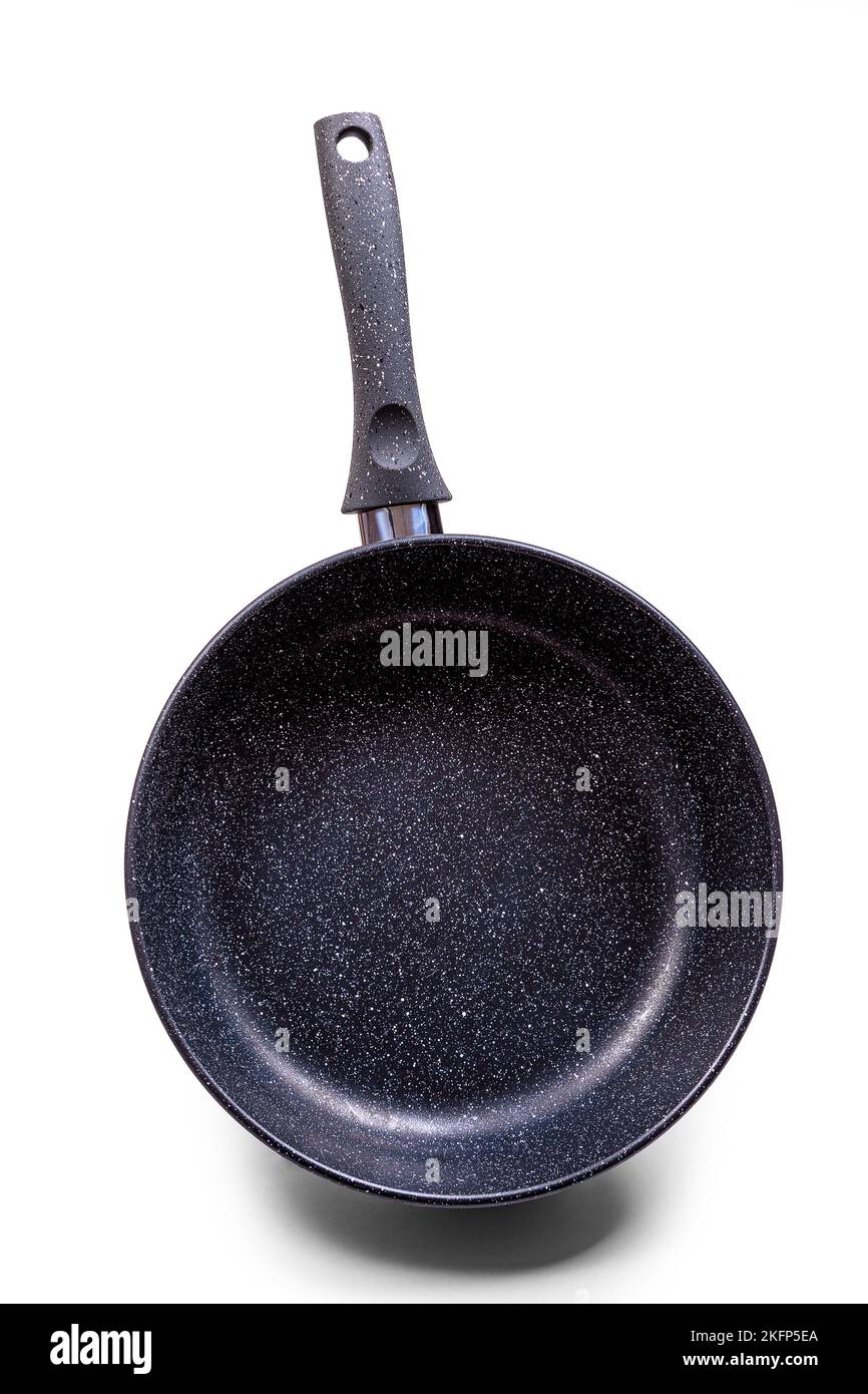 Black frying pan with non-stick coating on a white background Stock ...