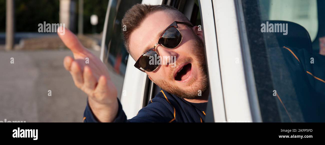 Horizontal banner or header with angry driver while driving on the ...