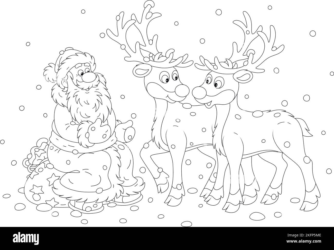 Santa Claus sitting on his bag of gifts and friendly talking to ...