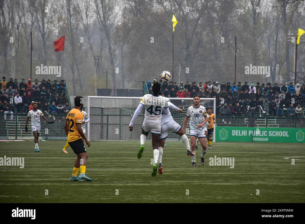 Srinagar, India. 19th Nov, 2022. Nuha Marong (C) of Rajasthan United is ...