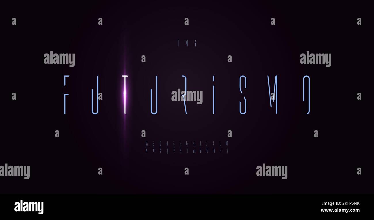 Futuristic font high thin letters. Minimalist techno font for logo of sci-fi, robot science tech ...