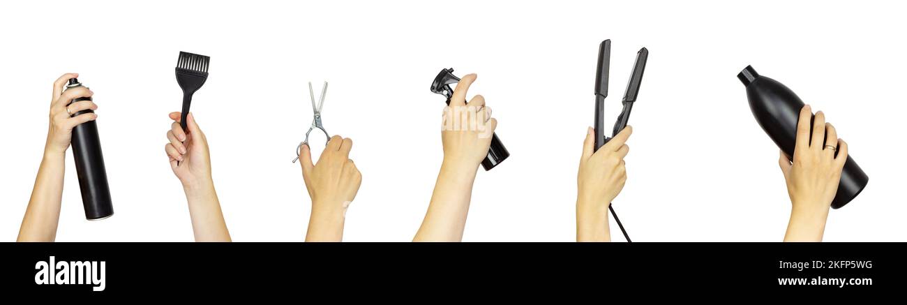 Collage with female hands holding different professional hairdresser's ...
