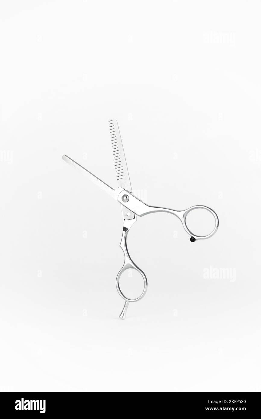 Open Silver Hair Cutting Scissors on White Background. Open hairdresser ...