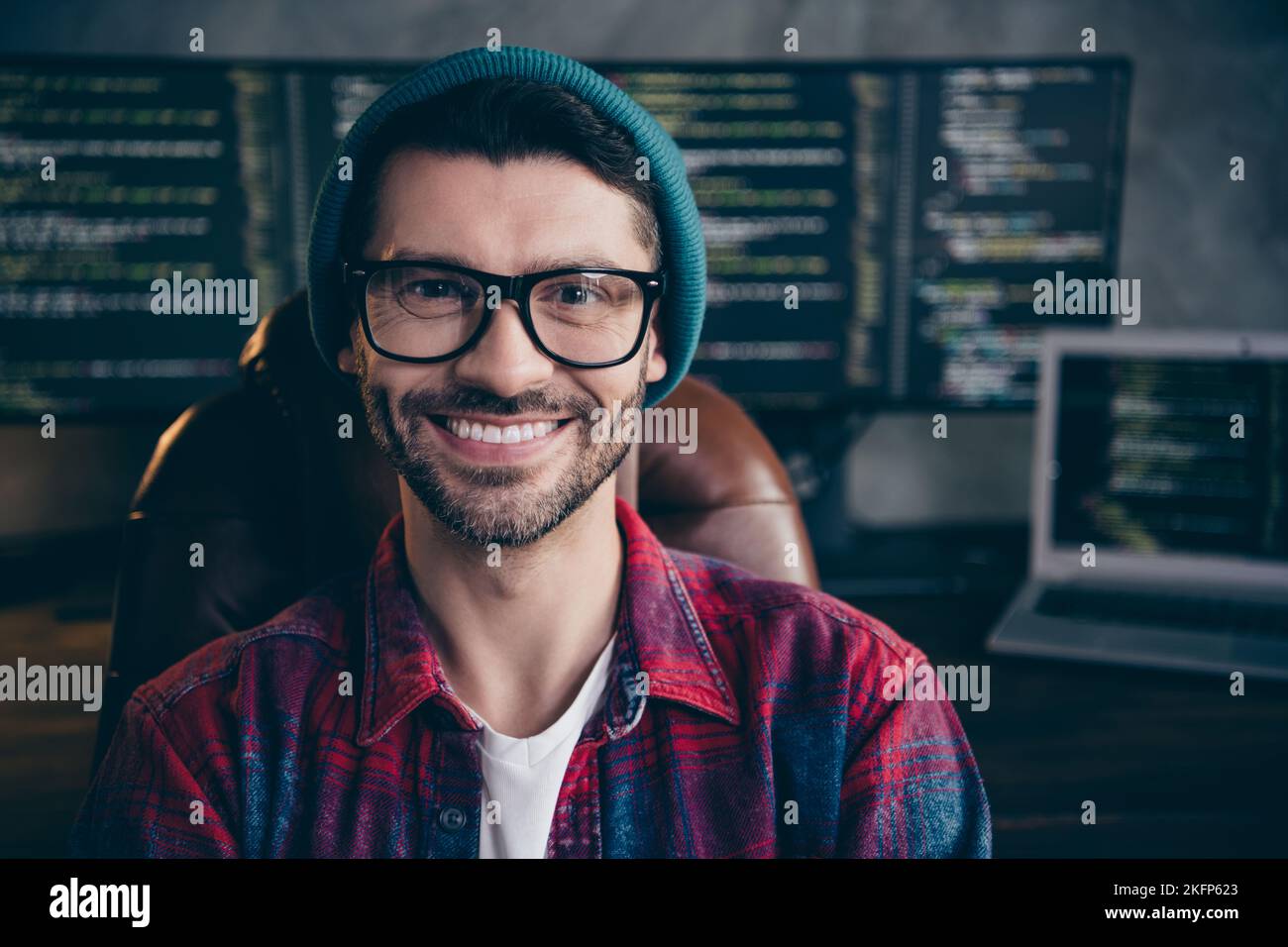 Photo of positive cheerful guy dressed eyewear smiling creating new ...