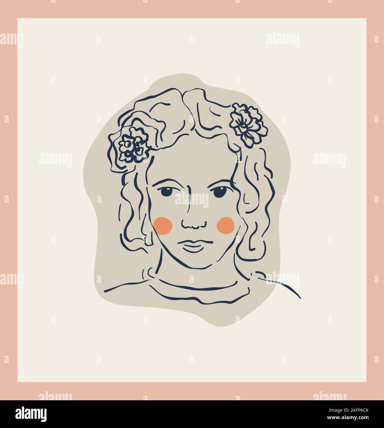 Female portrait with flower vector single clipart. Framed drawing of ...