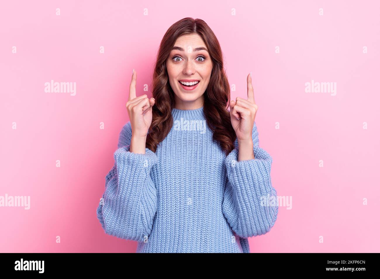 Photo of nice excited crazy ovejoyed funny lady fingers directing up ...