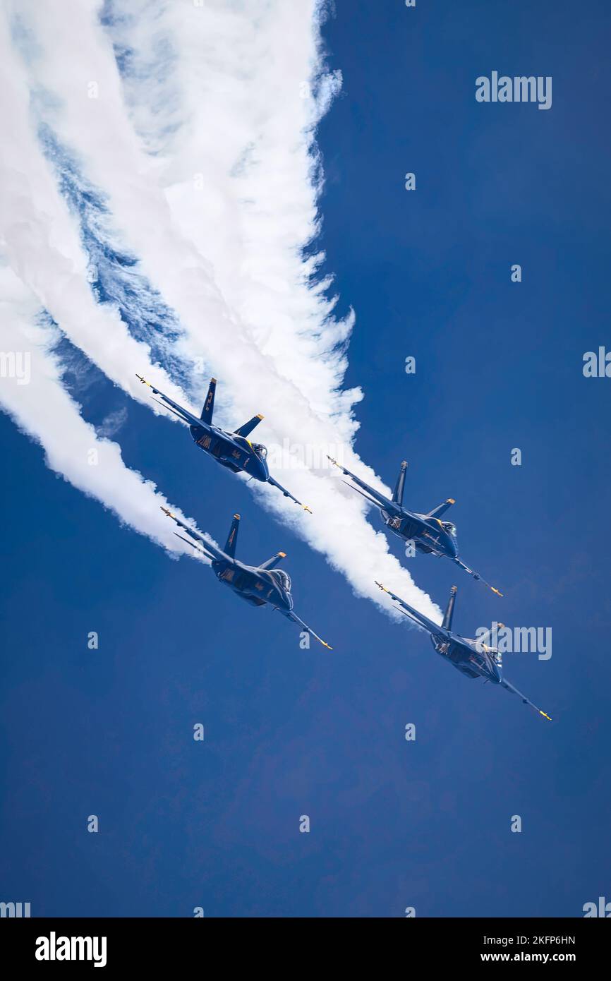 The US Navy Blue Angels perform, at the bottom of a loop in their ...