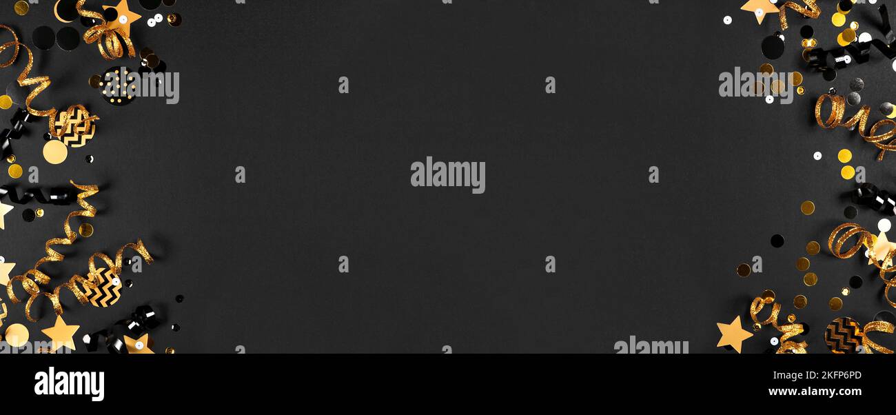 New Years party double border of shiny black and gold streamers and ...