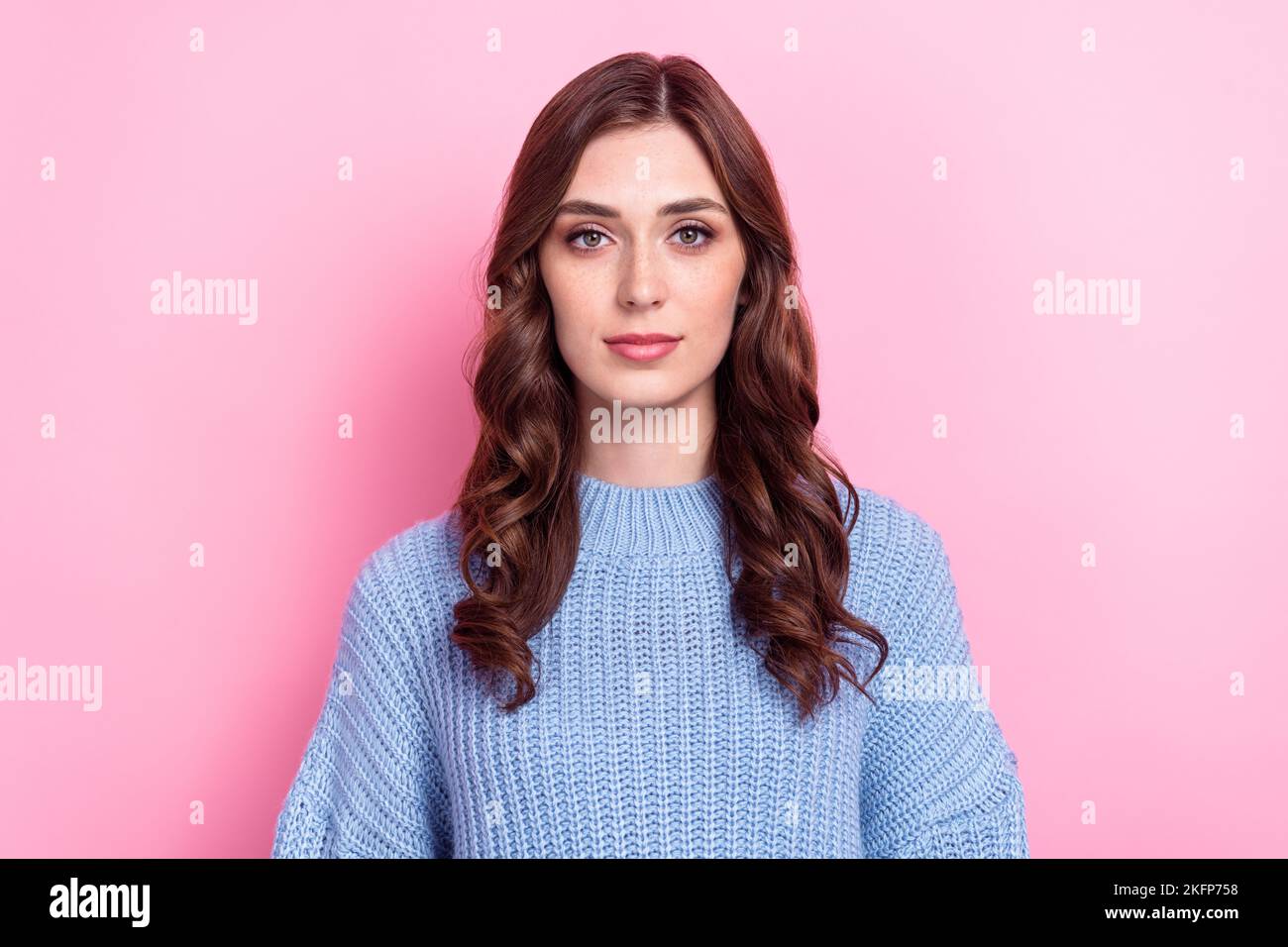Closeup portrait of young business lady wear knitted blue sweater ...