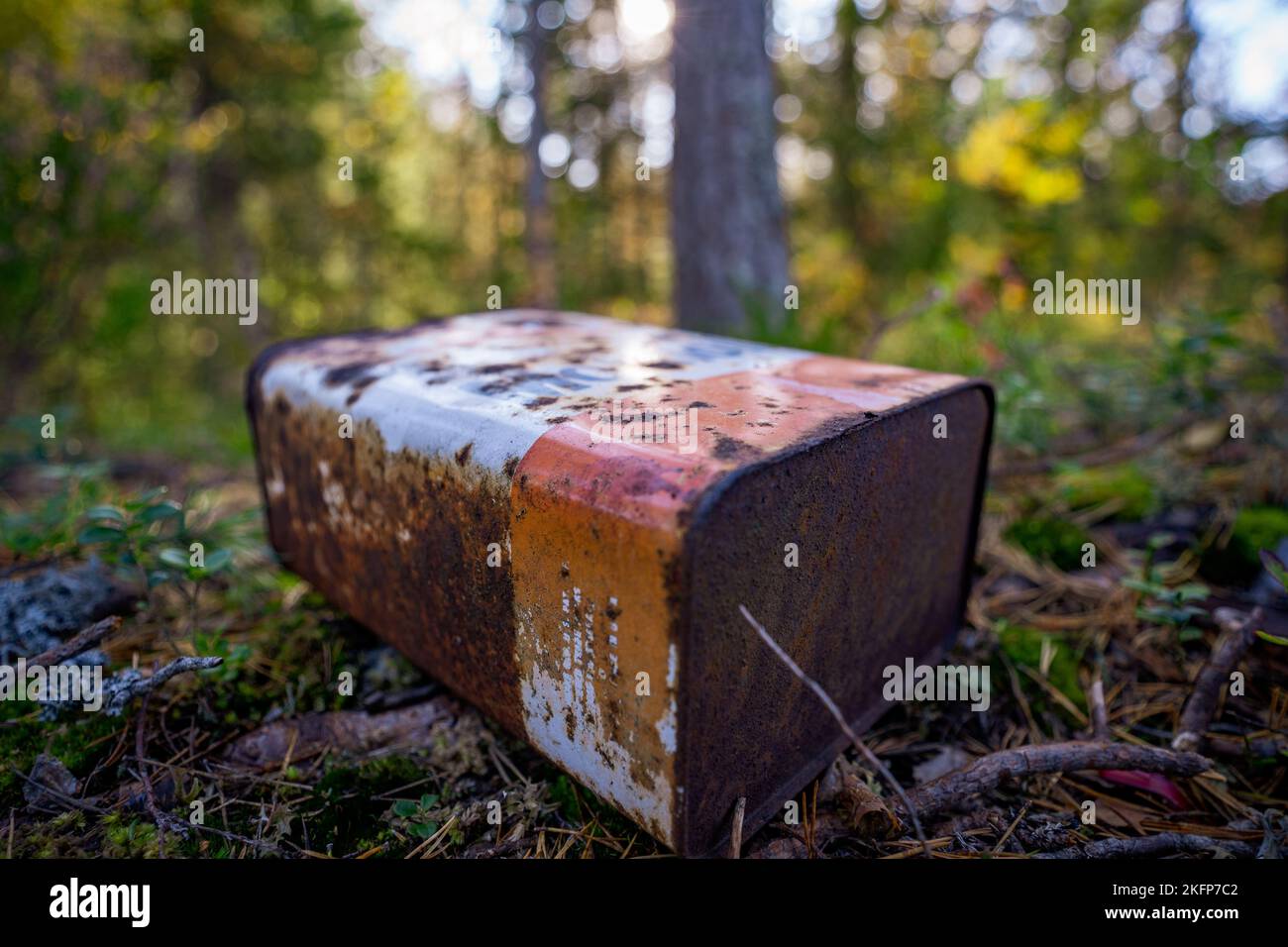 An old rusty metal box in a forest - closeup shot Stock Photo - Alamy