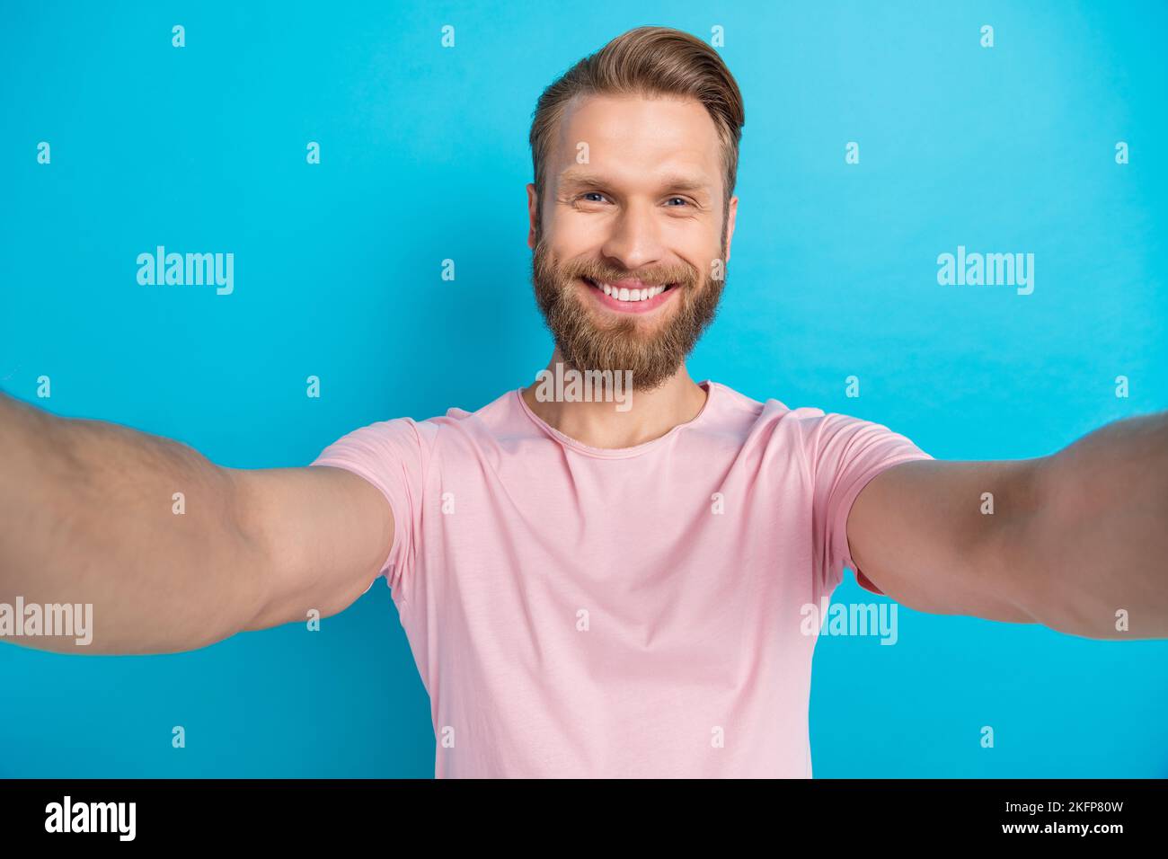 Photo portrait of nice young man toothy beaming smile take selfie front ...