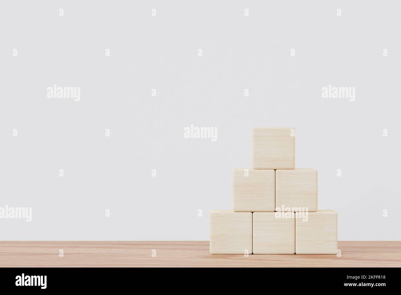 A 3D rendering of blank wooden cubes on table with copy space for input ...
