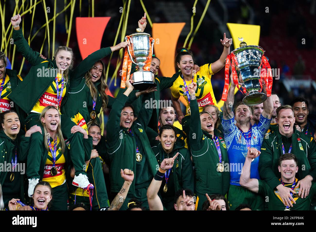 Australia men and women players celebrate with their respective ...