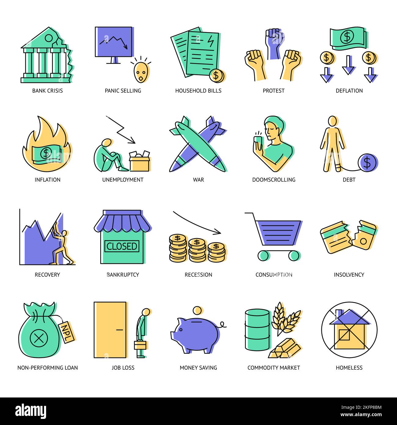 Economic crisis icon set in colored line style. Financial system ...