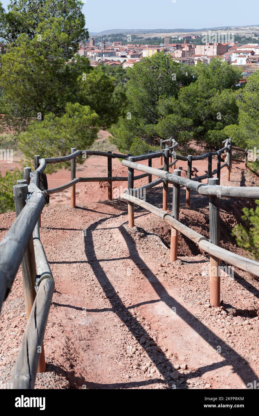 A vertical of a dirt road for hiking with a path marked with wooden ...