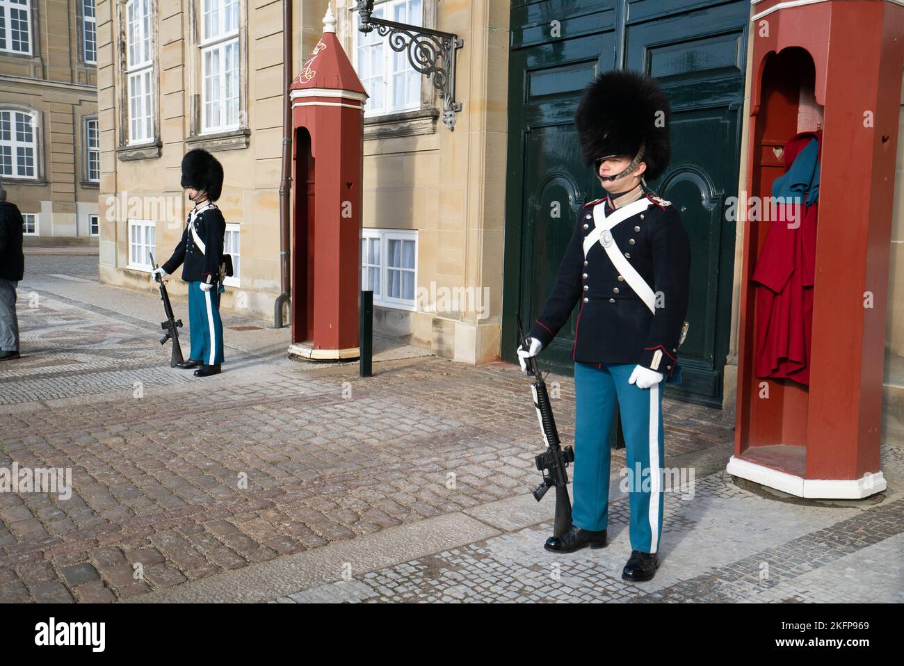 Royal Guards (Kongelige Livgardes) stood by their sentry box during the ...
