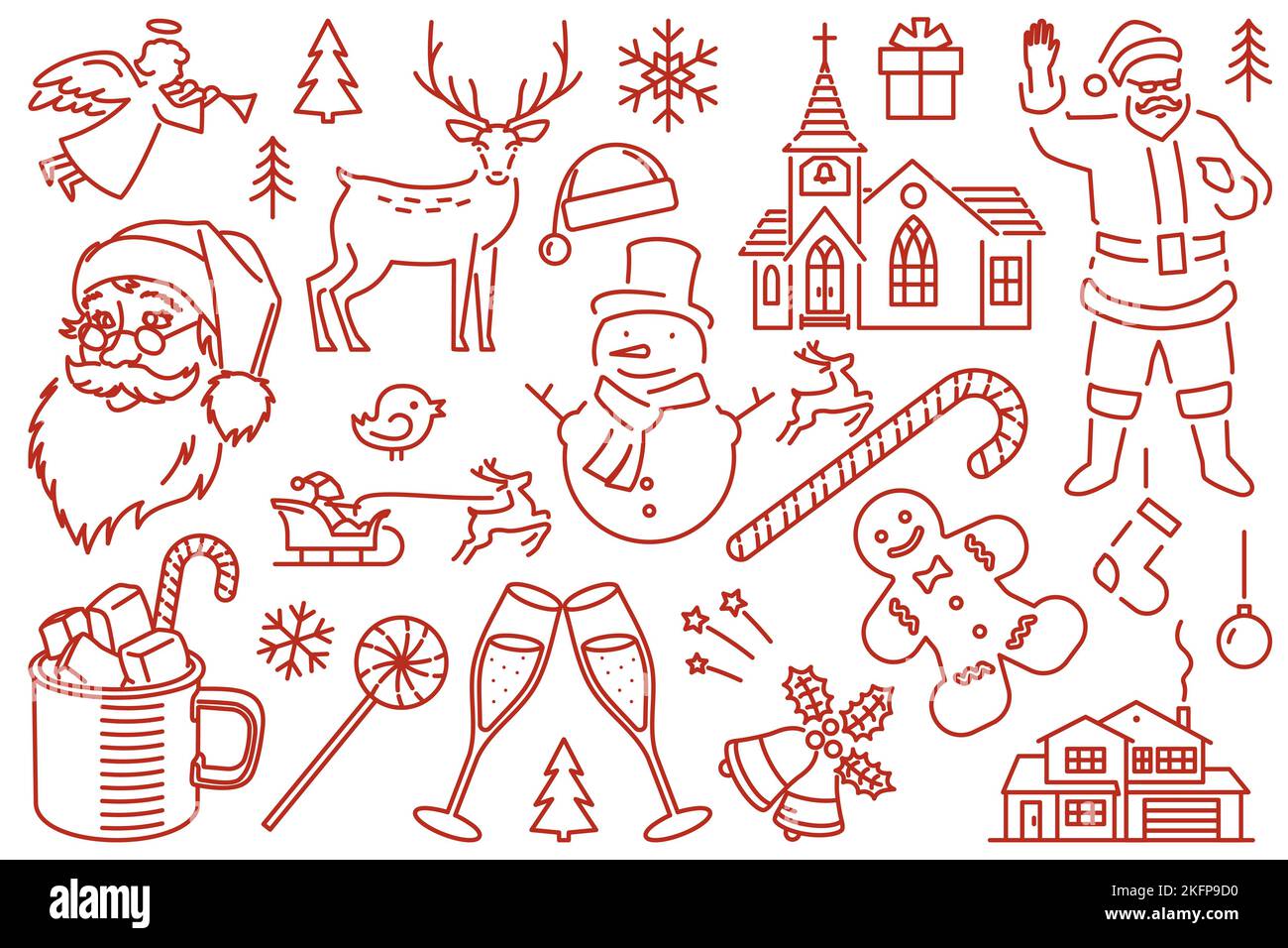 Red Christmas line icons. Vector illustration. Elements for Merry ...