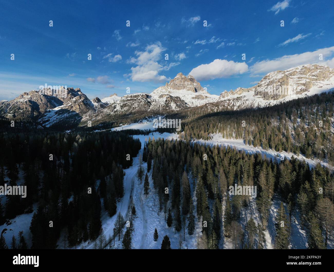 Aerial winter landscape from above during sunny day at Drei Zinnen -Tre ...