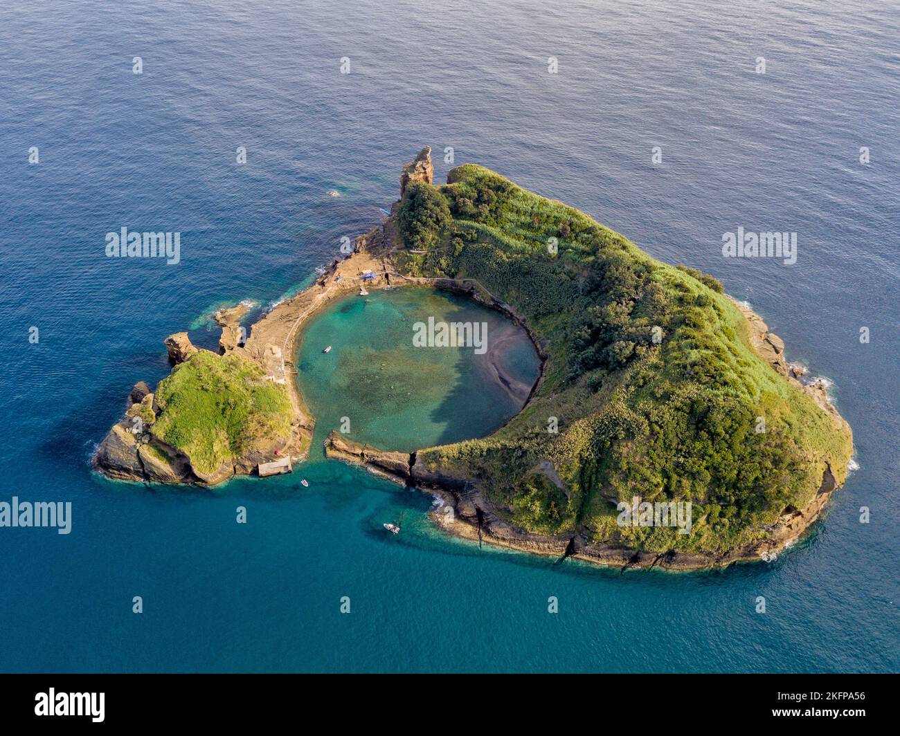 Azores aerial panoramic view. Top view of Islet of Vila Franca do Campo ...