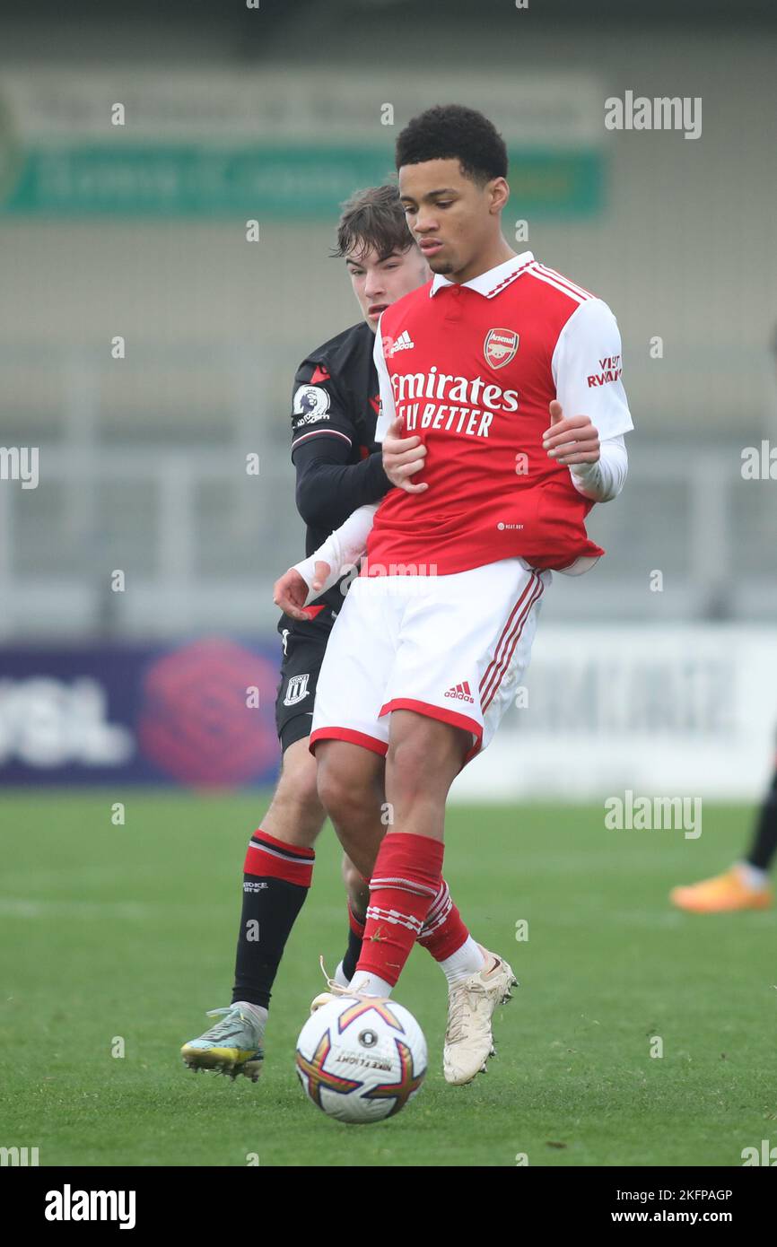 Borehamwood, UK. 19th Nov, 2022. Ethan Nwaneri of Arsenal U23's on the ...