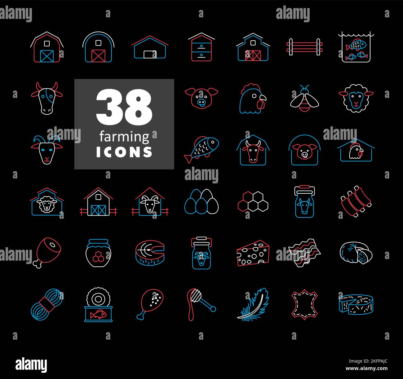 Farm animal isolated on dark background icons set. Animal food sign ...